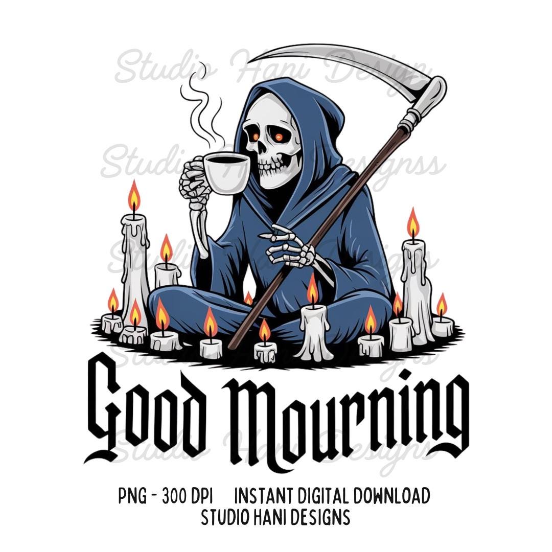 Good Morning PNG Clipart Grim Skull Drinking Coffee Candles Halloween ...