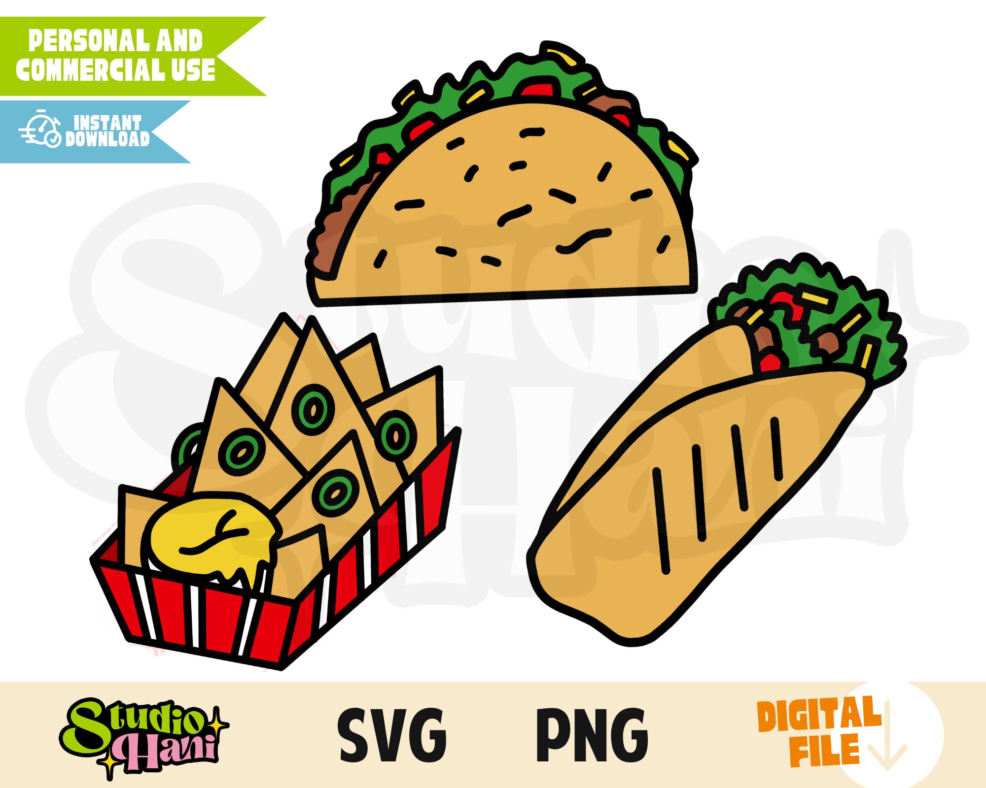 Mexican Food SVG PNG Taco Nacho Burrito Trendy Design Cut File Clipart ...