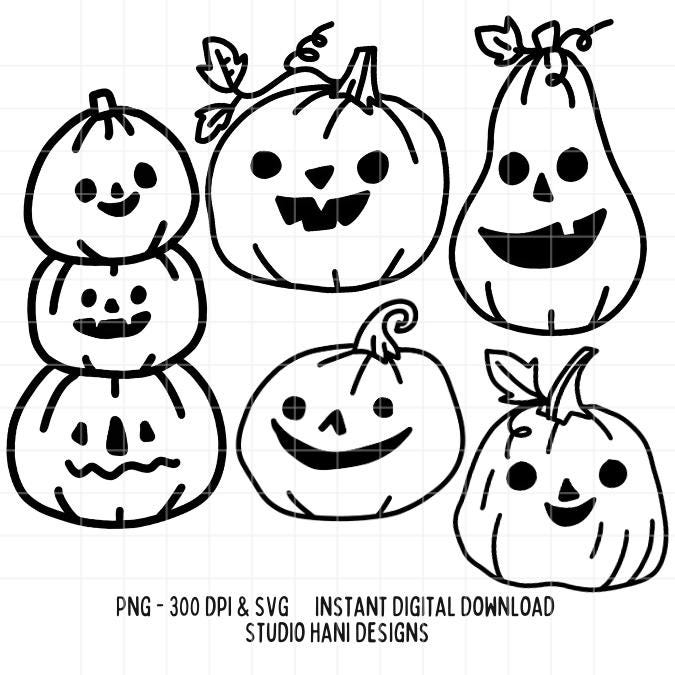 Jack O Lantern SVG PNG Bundle Doodles Pumpkin Halloween Clipart Black ...