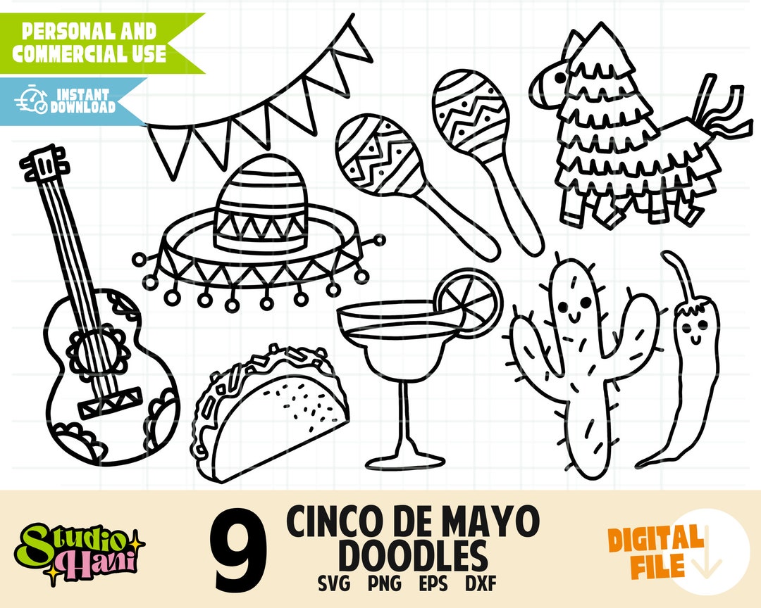 Cinco De Mayo SVG PNG Bundle Eps Dxf Doodle Illustration Clipart Black ...
