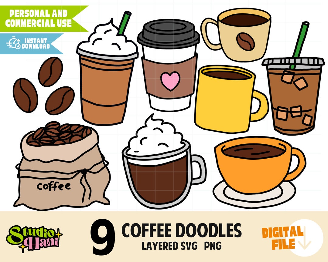 Coffee SVG PNG Doodles Frappe Espresso Iced Coffee Trendy Beans Mocha ...