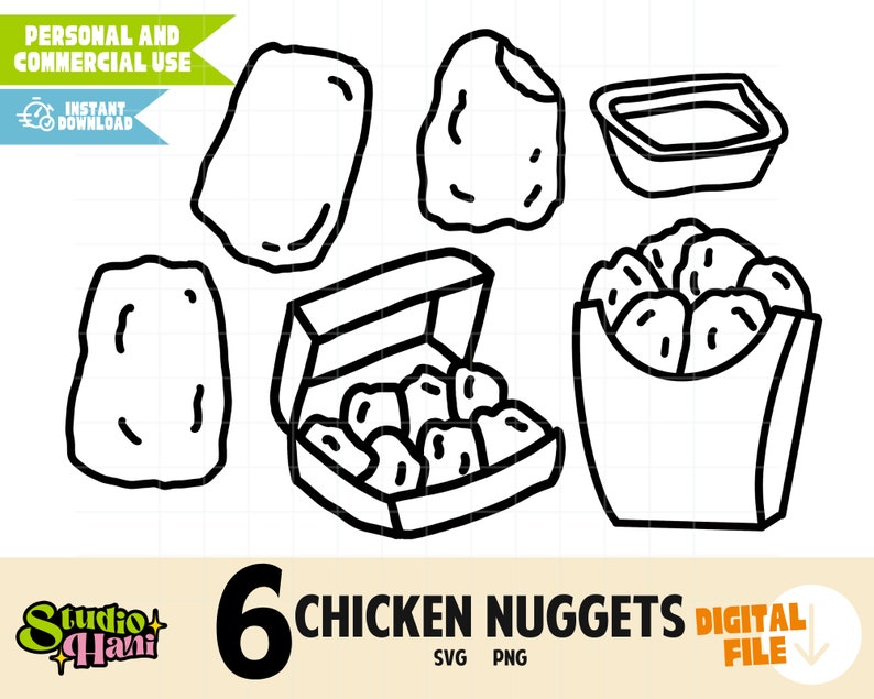 Chicken Nuggets SVG PNG Bundle Nuggs Nugget Fast Food Black and White ...