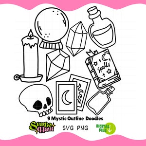 Mystic SVG PNG Bundle Doodle Skull Candle Magic Spells Gem Potion Black ...