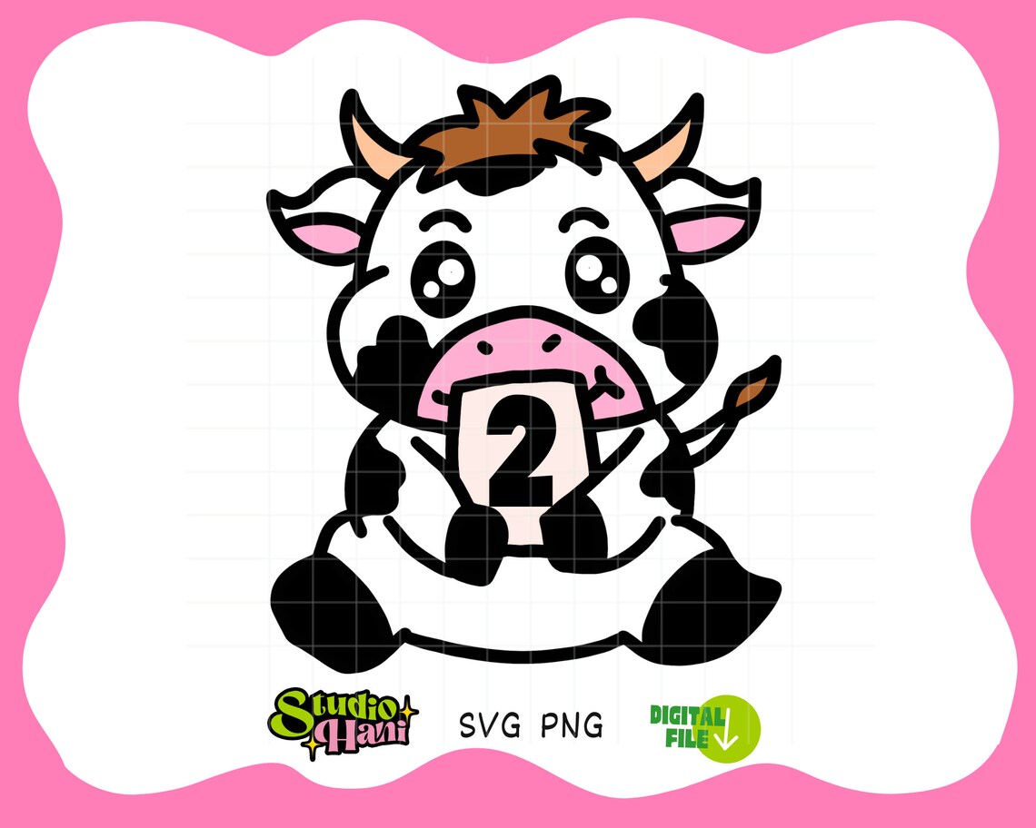 Cow Number 2 SVG PNG Doodle Cute Cattle Birthday Party Theme Event 2nd ...