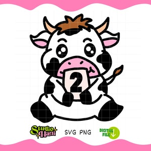 Cow Number 2 SVG PNG Doodle Cute Cattle Birthday Party Theme Event 2nd ...