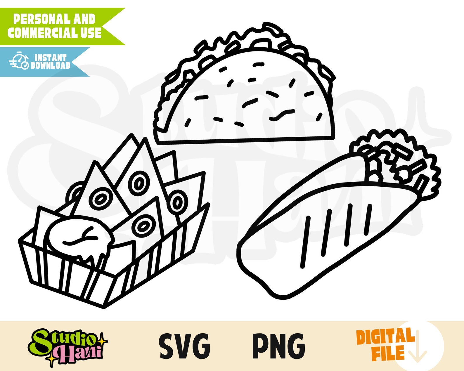 Mexican Food SVG PNG Bundle Tacos Nacho Burrito Outline Black and White ...