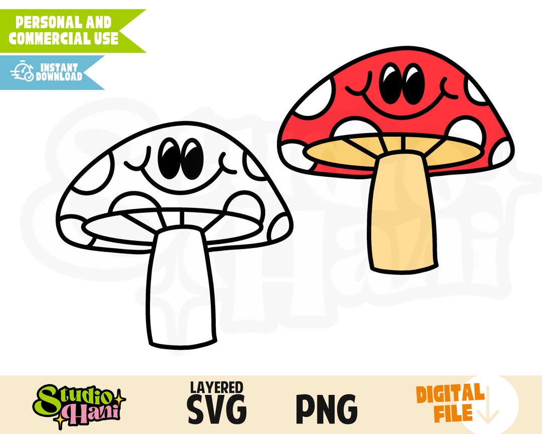 Retro Cartoon Mushroom SVG PNG Hippie Groovy Red Mushrooms Outline ...