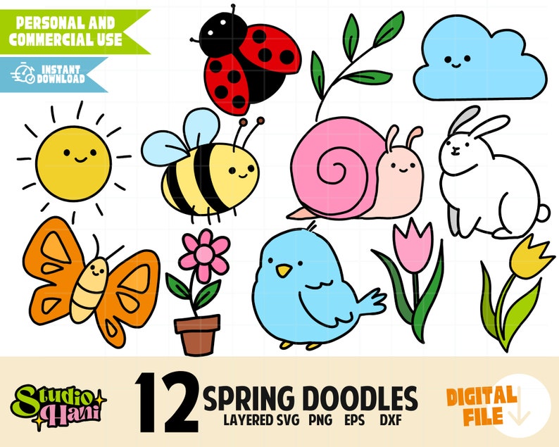 Kawaii Spring Doodles SVG PNG Eps Dxf Cute Bee Snail Bunny Tulip Lady ...