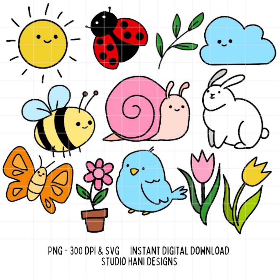 Kawaii Spring Doodles SVG PNG Eps Dxf Cute Bee Snail Bunny Tulip Lady ...