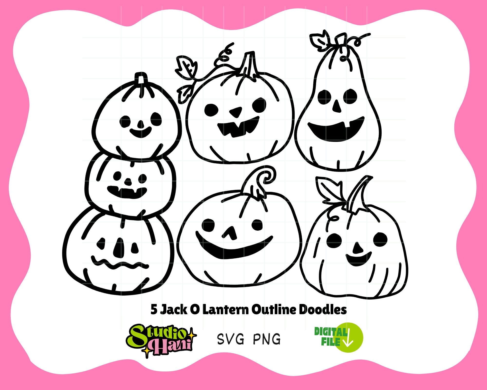 Jack O Lantern SVG PNG Bundle Doodles Pumpkin Halloween Clipart Black ...