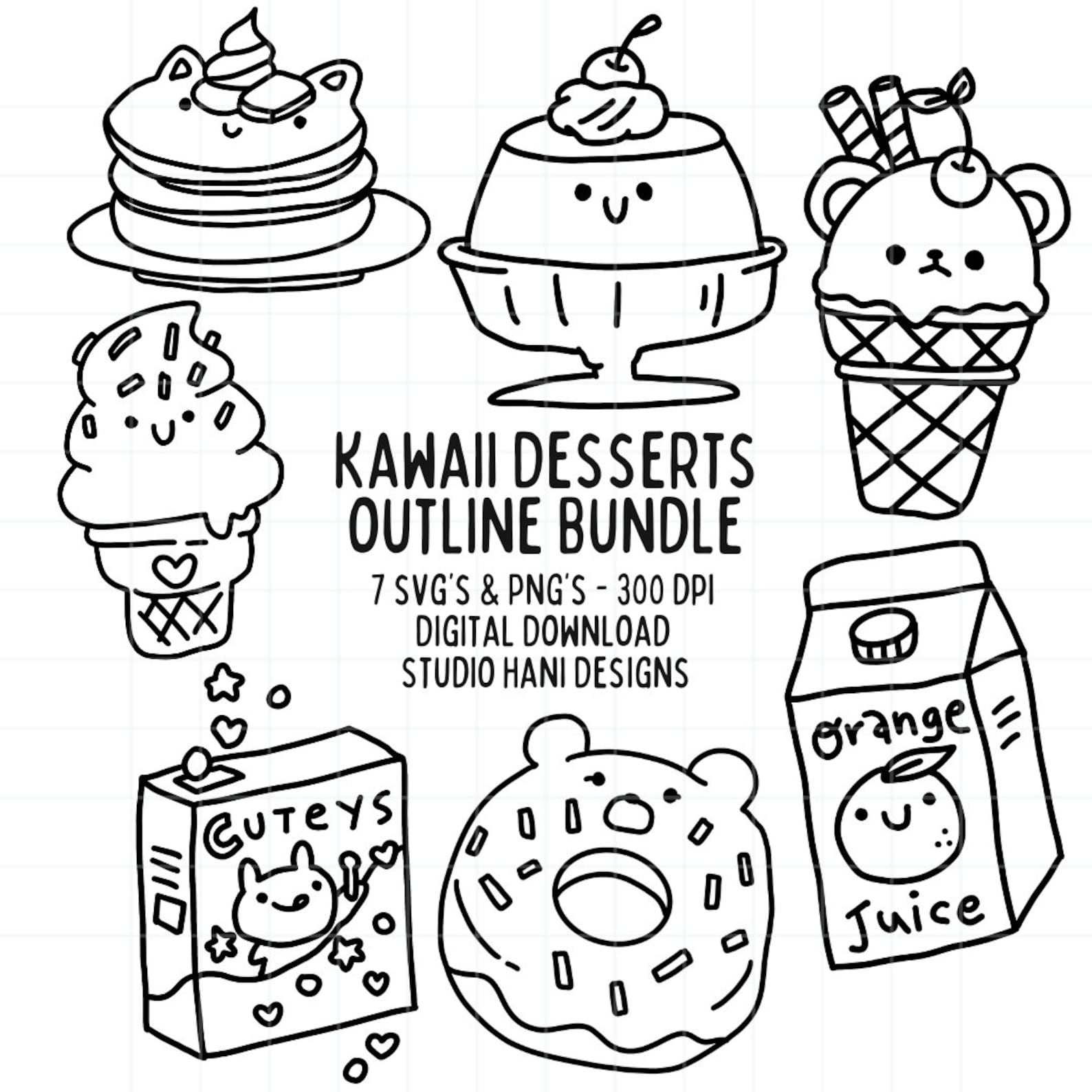 Kawaii Desserts SVG PNG Bundle Doodle Pancake Ice Cream Juice Donut ...