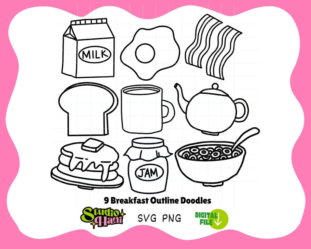 Breakfast SVG PNG Doodles Outline Black and White Egg Toast Milk Jam ...