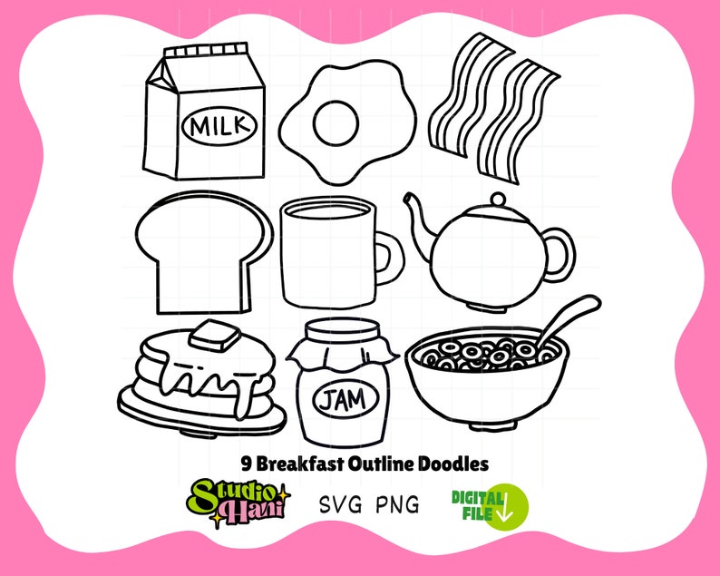 Breakfast SVG PNG Doodles Outline Black and White Egg Toast Milk Jam ...