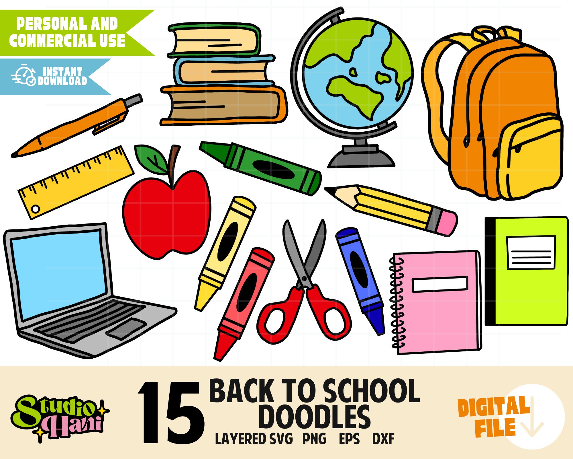 Back to School SVG Bundle PNG Eps Dxf Doodle Clipart Cut File for ...