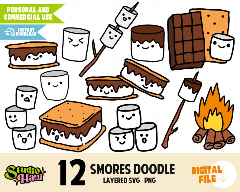 Smores SVG PNG Bundle Marshmallow Biscuit Wood Clipart Cut File for ...
