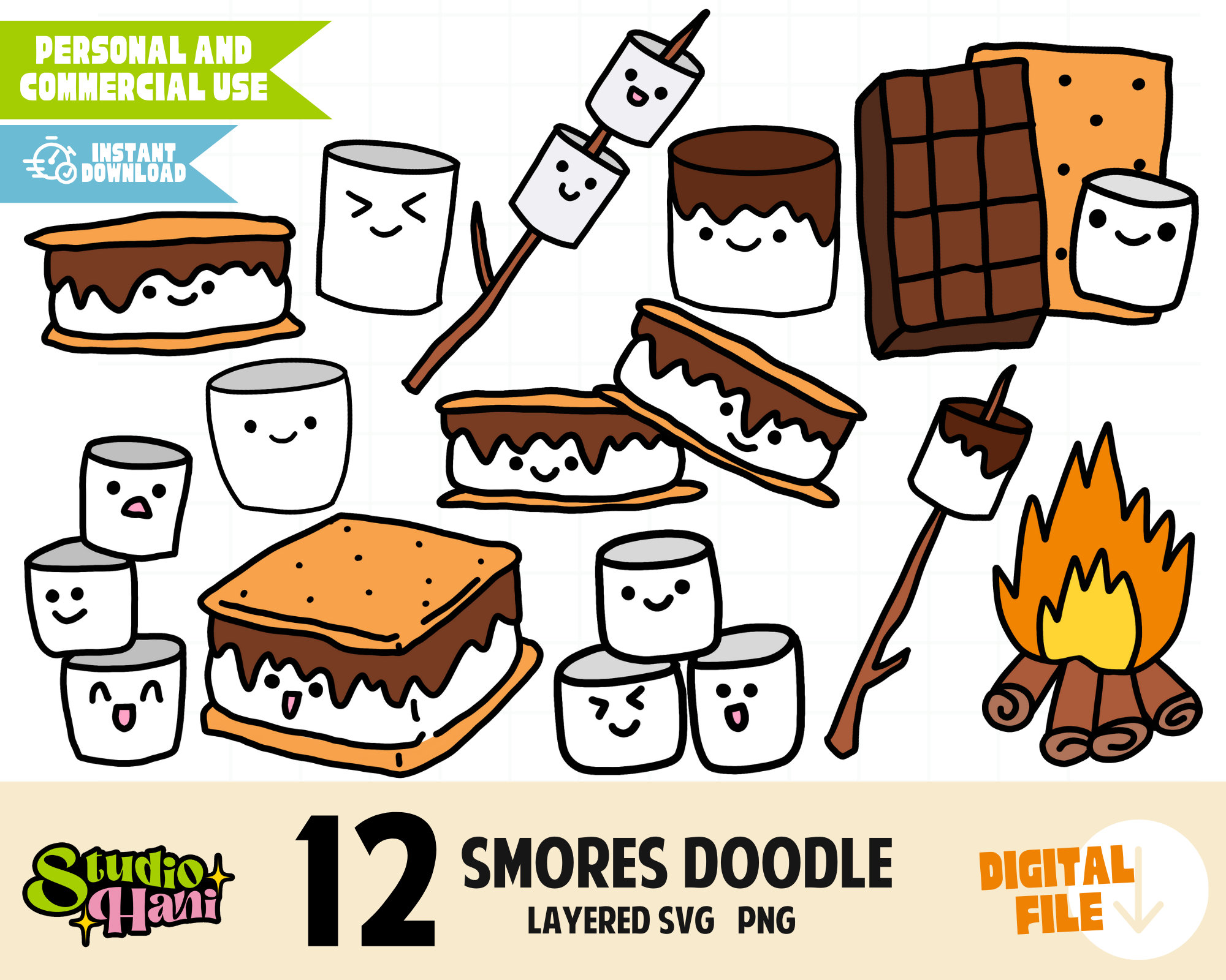 Smores SVG PNG Bundle Marshmallow Biscuit Wood Clipart Cut File for ...