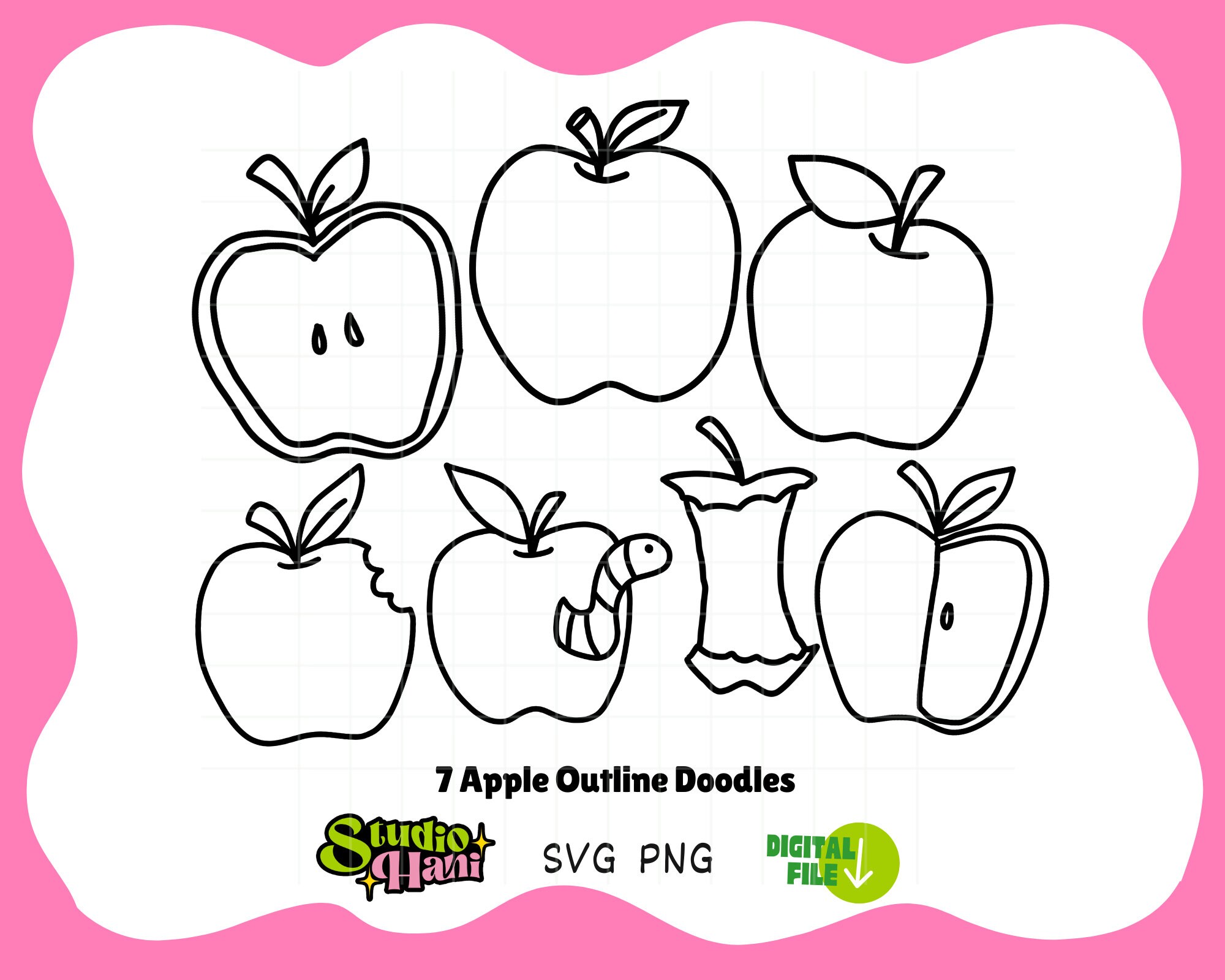 Apple SVG PNG Outline Doodles Black and White Fruit Apple With Worm ...