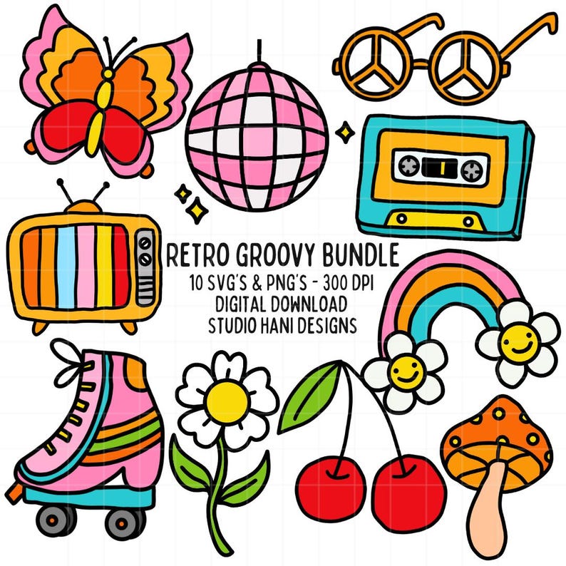 Retro Groovy Bundle SVG PNG Nastalgic Colorful Cassette TV Disco Bundle ...