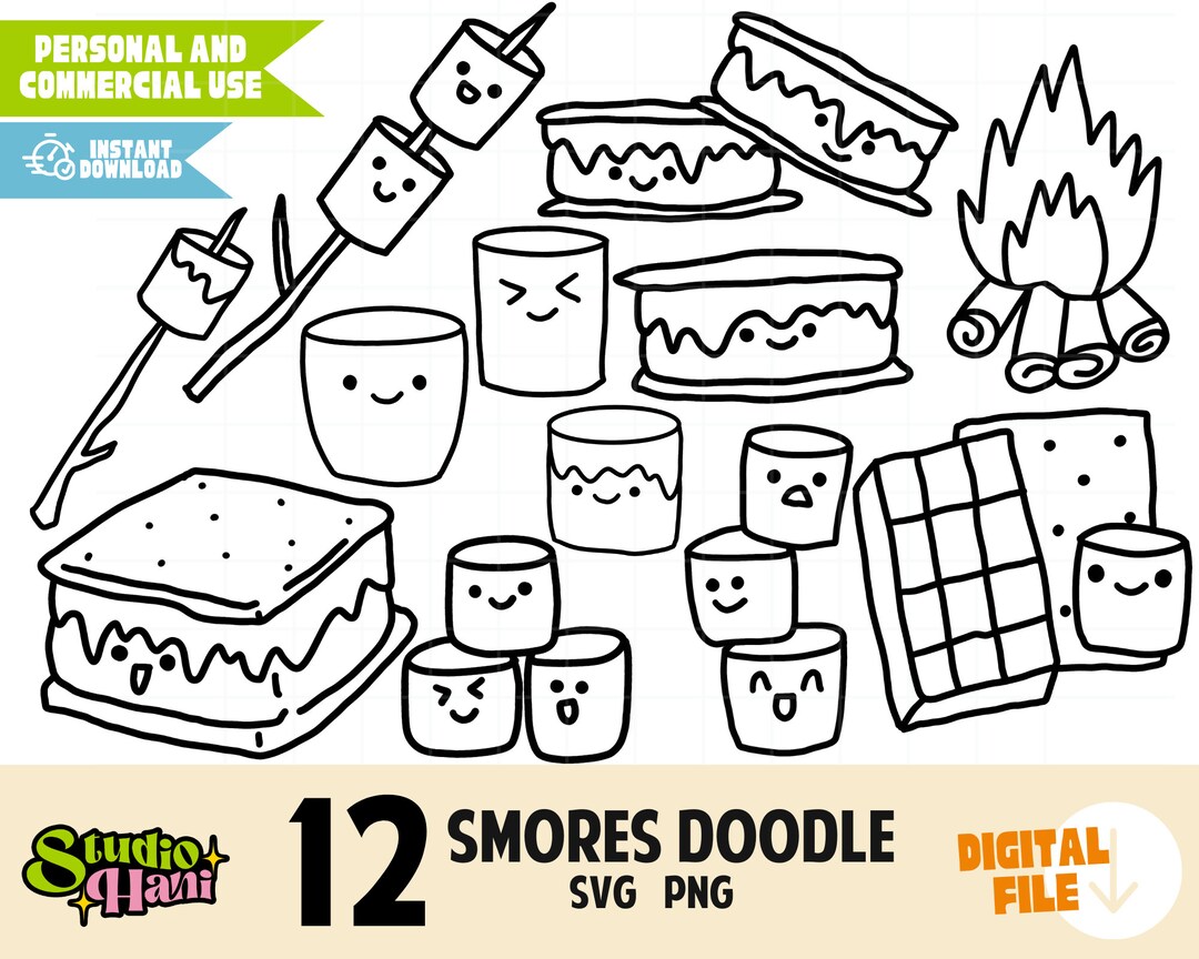 Smores SVG PNG Bundle Marshmallow Outline Black and White Clipart Cut ...
