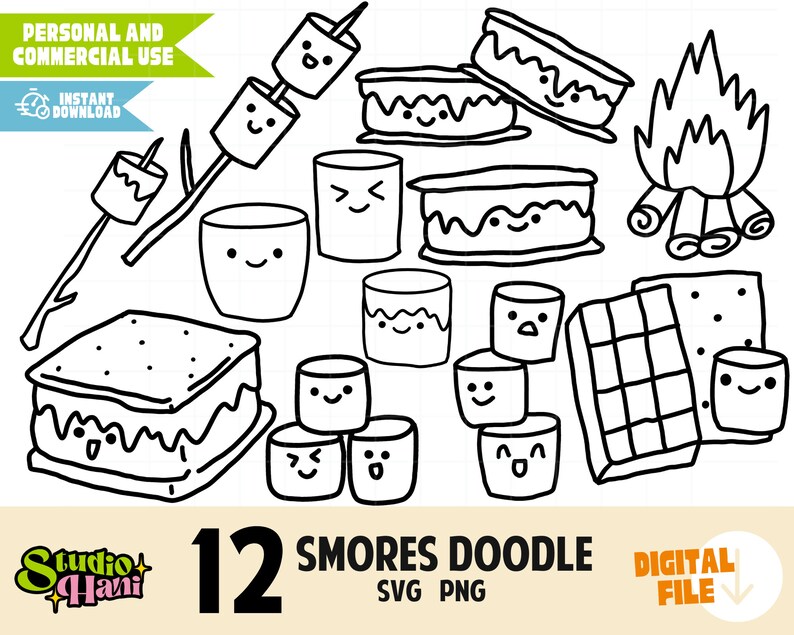 Smores SVG PNG Bundle Marshmallow Outline Black and White Clipart Cut ...