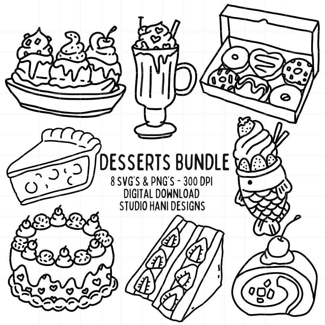 Desserts SVG PNG Bundle Doodle Donut Box Milkshake Banana Split Pie ...