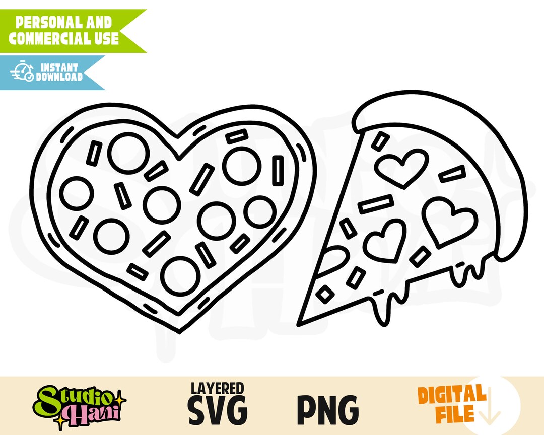 Heart Pizza SVG PNG Retro Outline Black Ang White Slices Slice Whole ...
