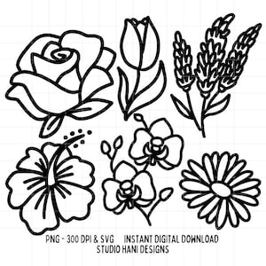 Assorted Flowers SVG PNG Bundle Floral Rose Daisy Lavender Hibiscus ...