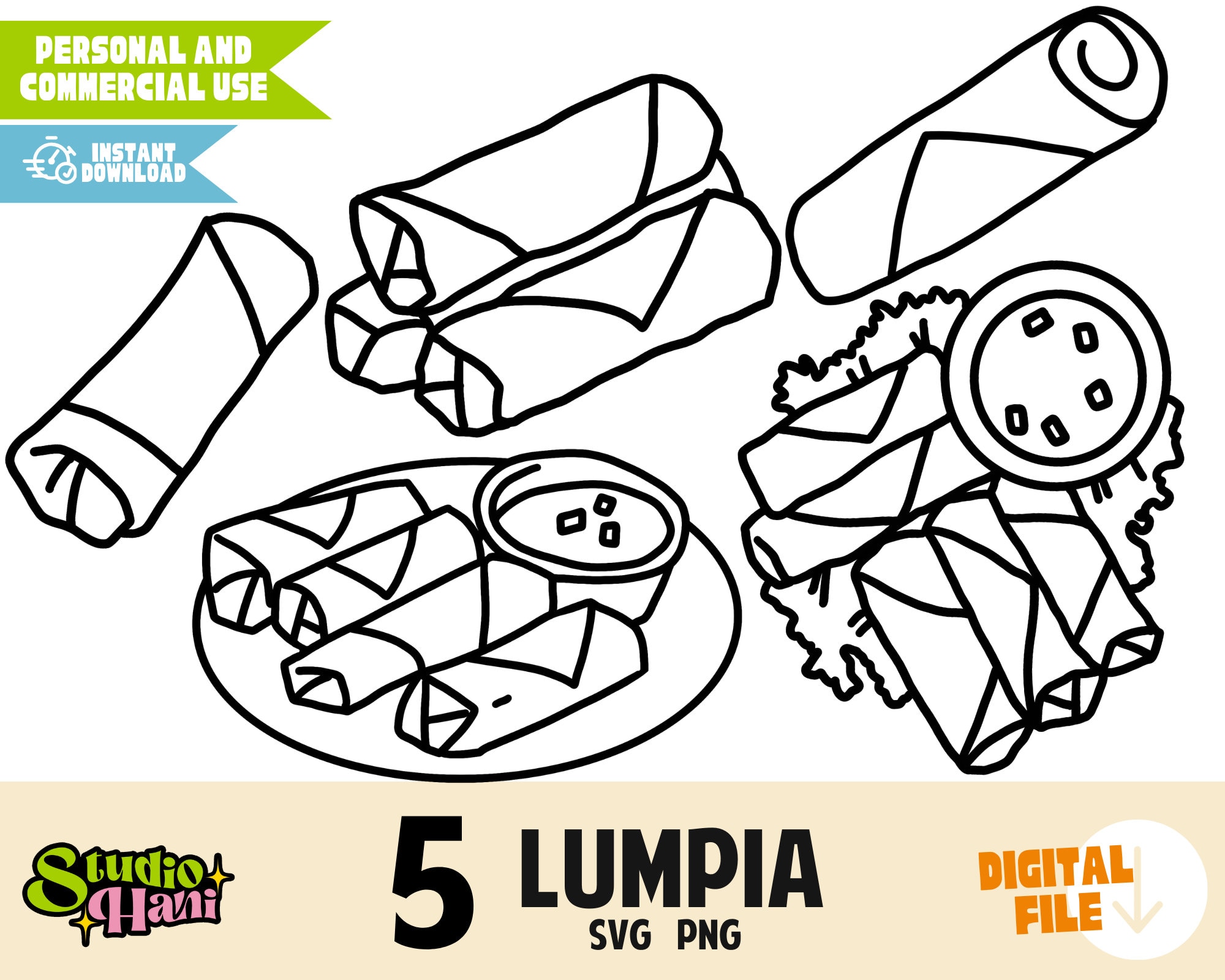 Lumpia SVG PNG Bundle Doodle Black and White Outline Cut File ...