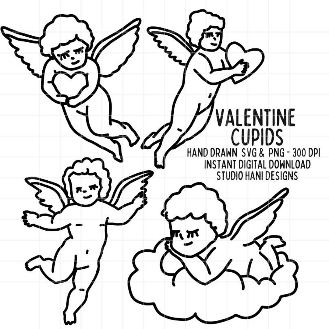 Cherub Angel SVG PNG Bundle Doodle Valentine Hand Drawn Black and White ...