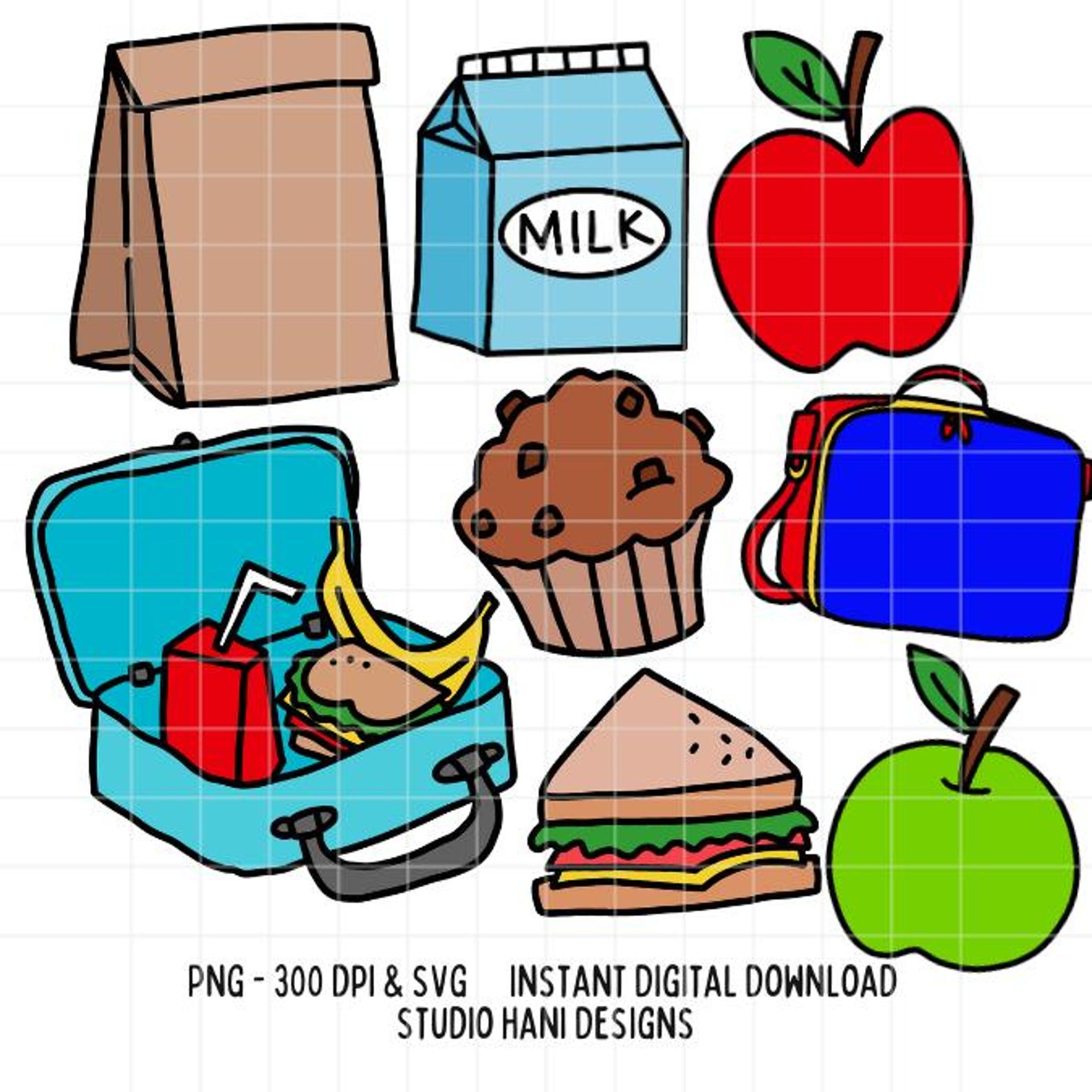 School Lunch SVG PNG Doodle Snacks Milk Muffin Sandwich Bag Apple ...