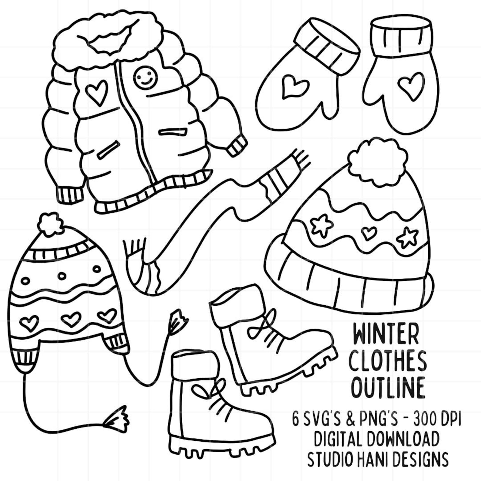 Winter Clothes SVG PNG Bundle Doodle Black and White Outline Clipart ...