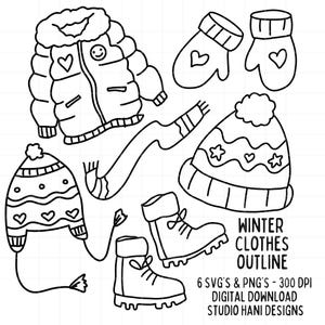 Winter Clothes SVG PNG Bundle Doodle Black and White Outline Clipart ...