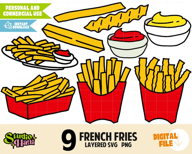 French Fries SVG PNG Doodles Illustration Ketchup Mustard Cut File ...