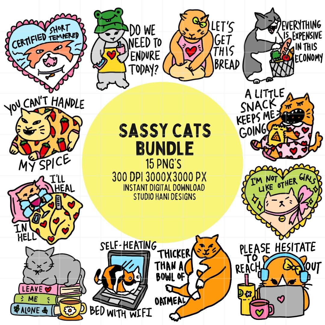 Sassy Cats PNG Bundle Corporate Mental Health Clipart Funny Cartoon ...