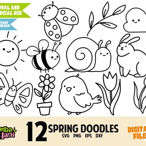 Kawaii Spring SVG PNG Bundle Doodles Black and White Outline Commercial ...