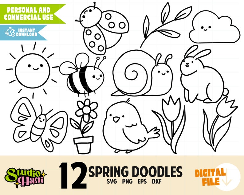 Kawaii Spring SVG PNG Bundle Doodles Black and White Outline Commercial ...