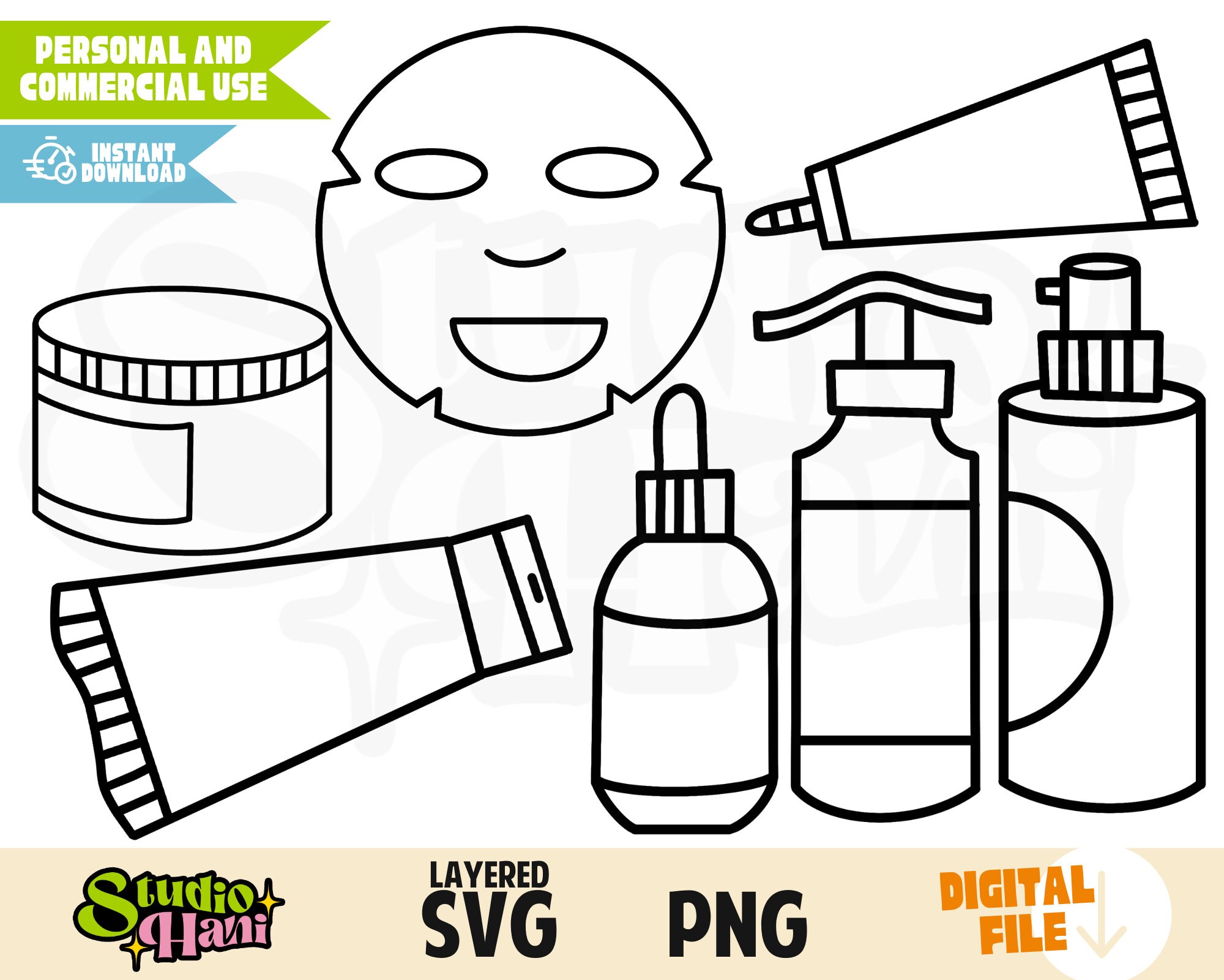 Self Care Skincare SVG PNG Outline Black and White Beauty Bottles Cream ...