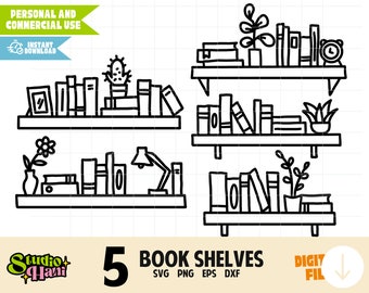 Book Shelves SVG PNG Bundle Eps Dxf Doodle Clipart Books Shelf ...