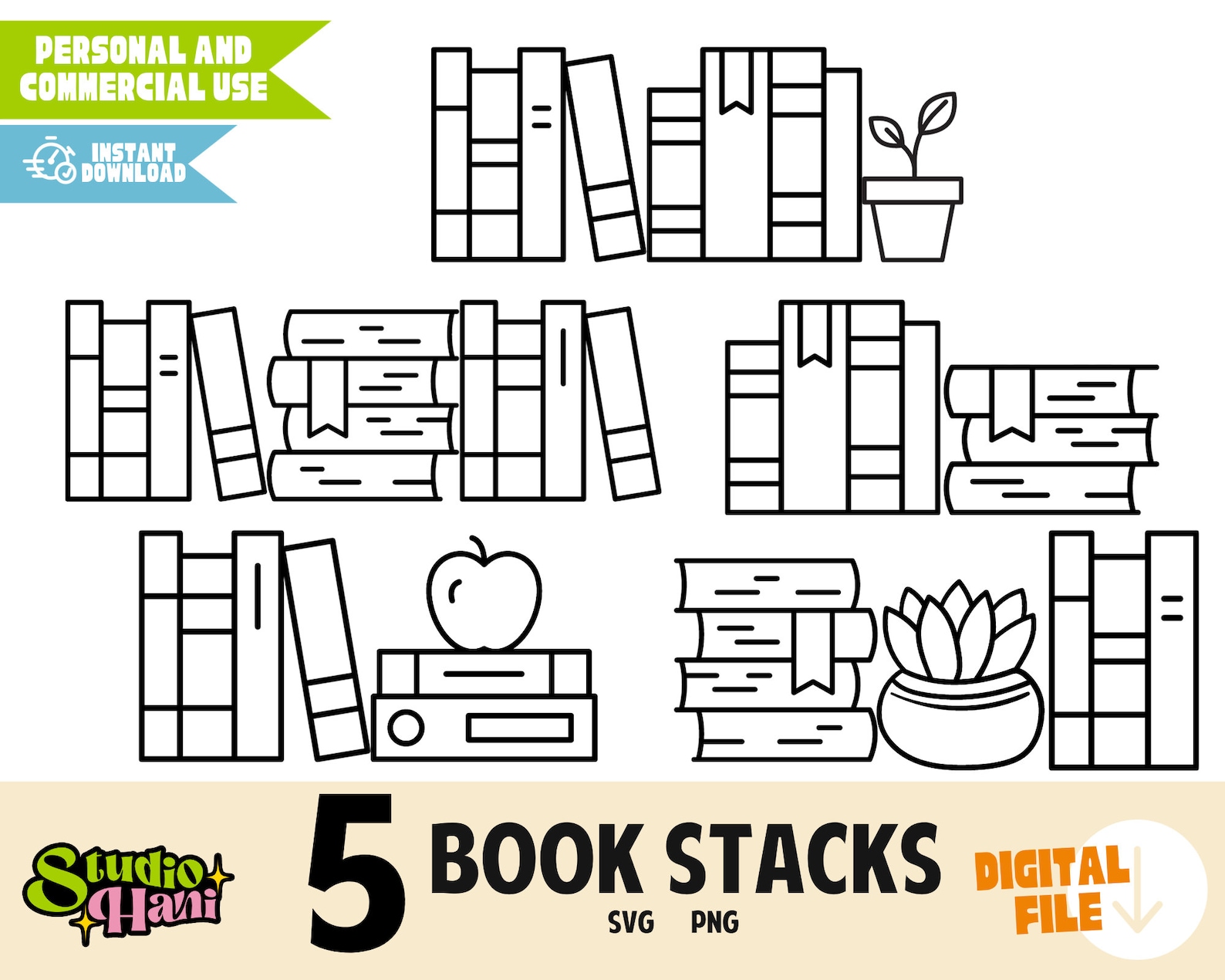 Books SVG PNG Book Stacks Shelf Shelves With Plants Desk Cut File Black ...