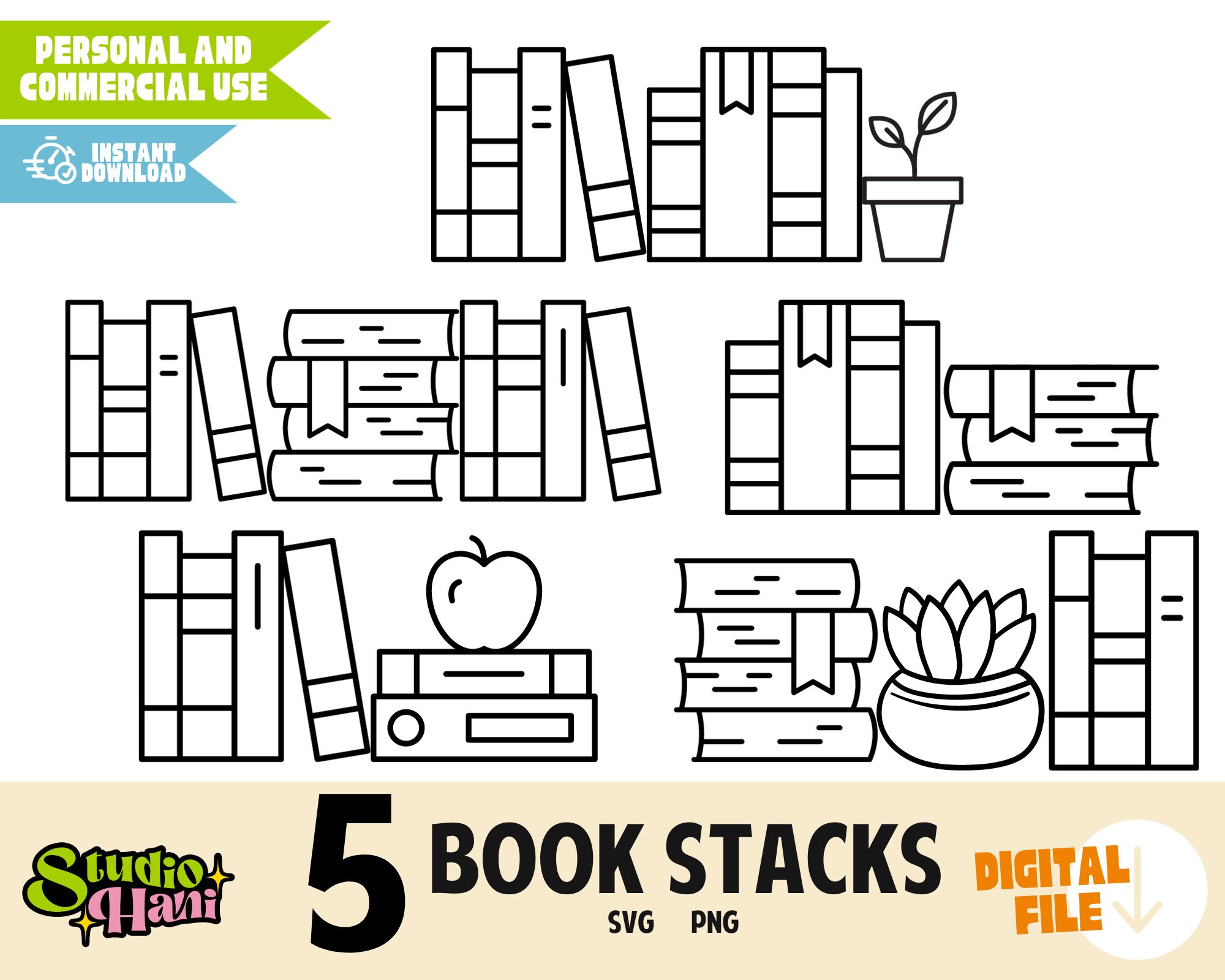 Books SVG PNG Book Stacks Shelf Shelves With Plants Desk Cut File Black ...