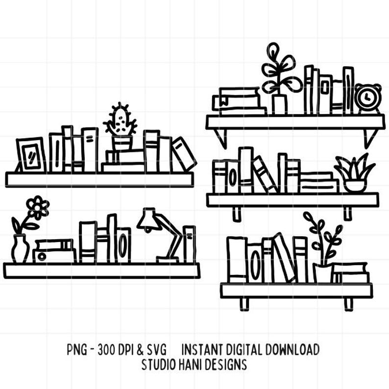 Book Shelves SVG PNG Bundle Eps Dxf Doodle Clipart Books Shelf ...