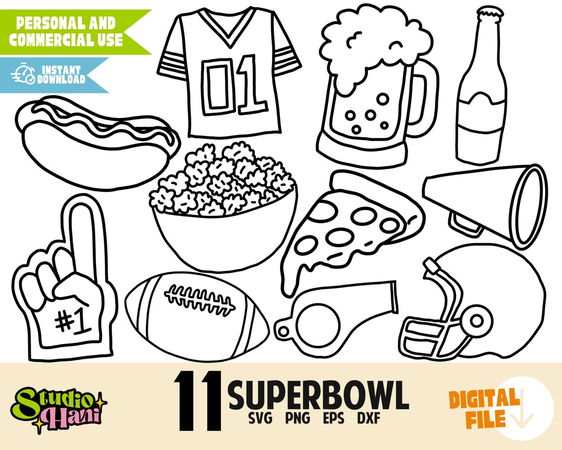 Superbowl SVG PNG Eps Dxf Doodles Clipart Bundle Black and White ...