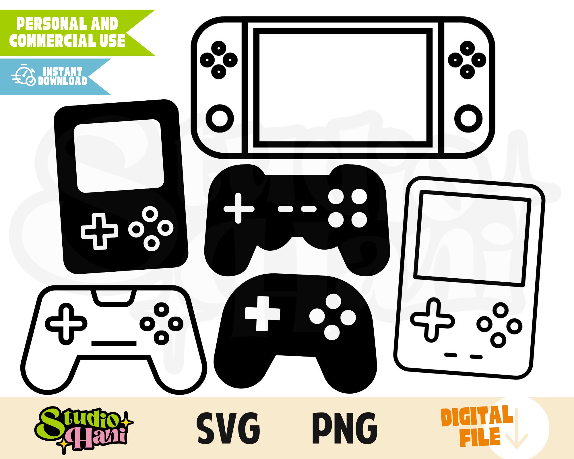 Gamer SVG PNG Bundle Console Gaming Outline Black and White Doodle Cut ...