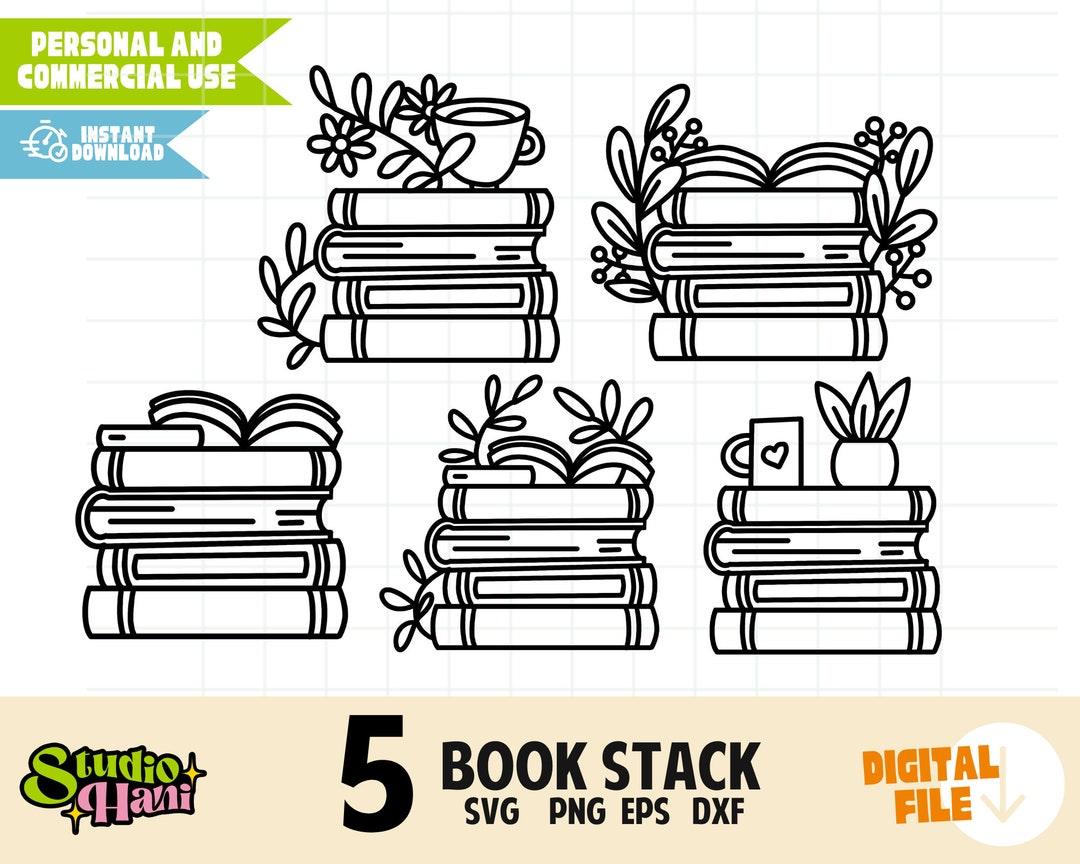Books Stack PNG SVG Whimsical Doodles Plants Flowers Outline Black and ...