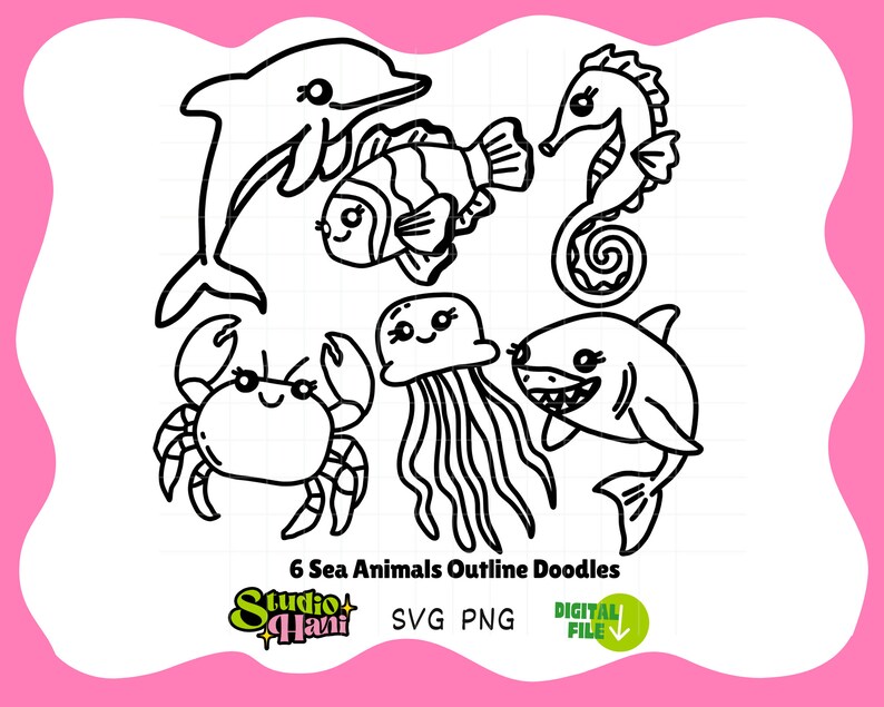 Cute Sea Creatures SVG PNG Bundle Doodle Black and White Outline ...