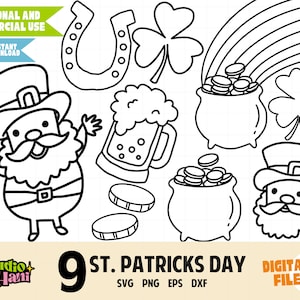 Saint Patrick's SVG PNG Eps Dxf Bundle Doodle Clipart Outline Black and ...