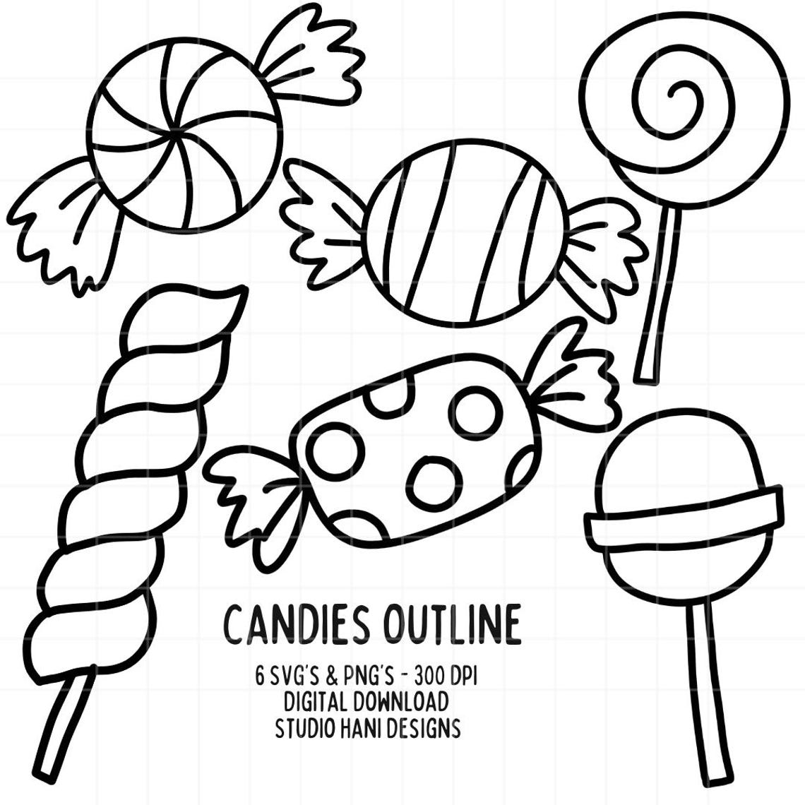 Candies SVG PNG Bundle Doodle Black and White Outline Clipart Lollipop ...