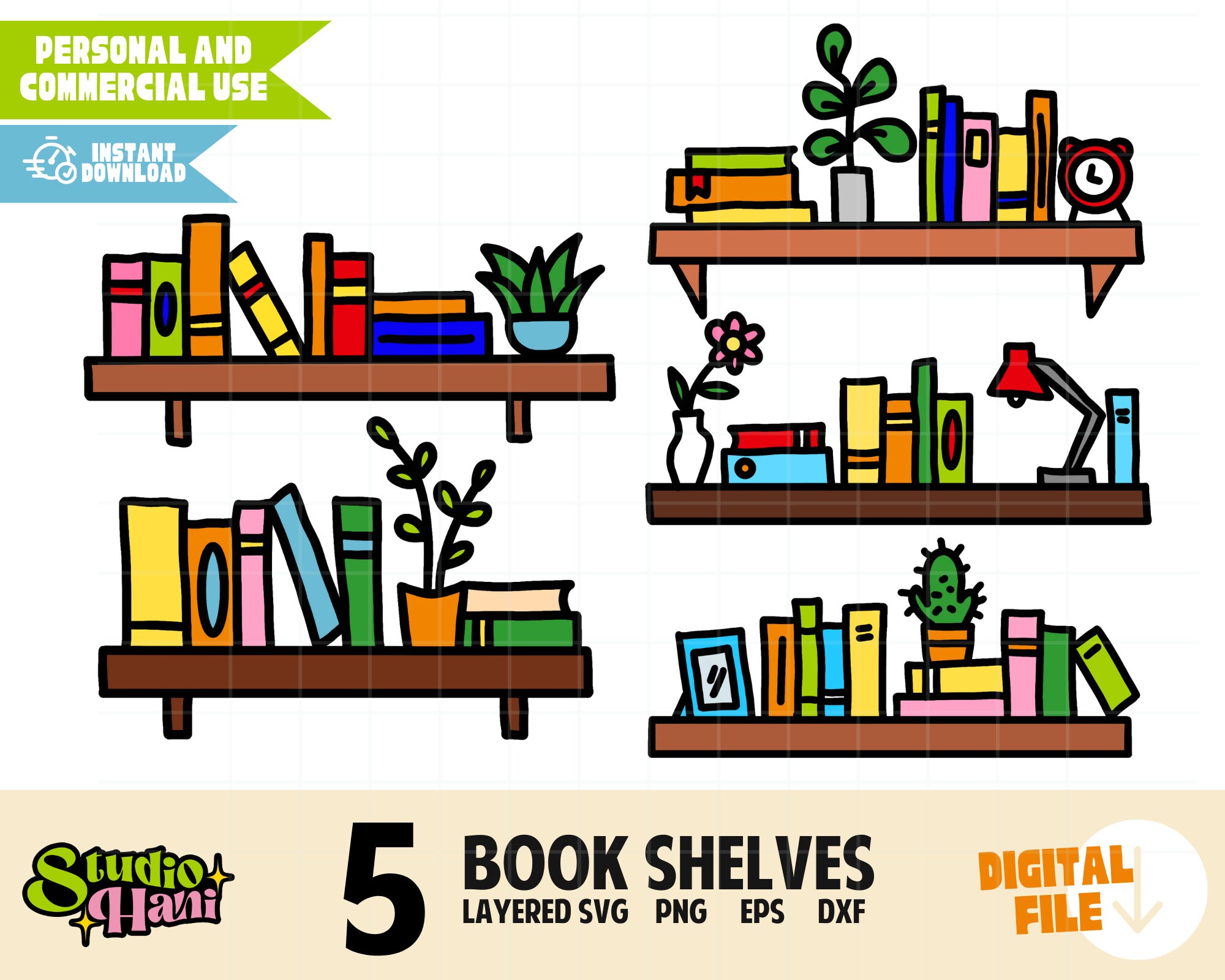 Book Shelves SVG PNG Bundle Eps Dxf Doodle Clipart Books Shelf ...