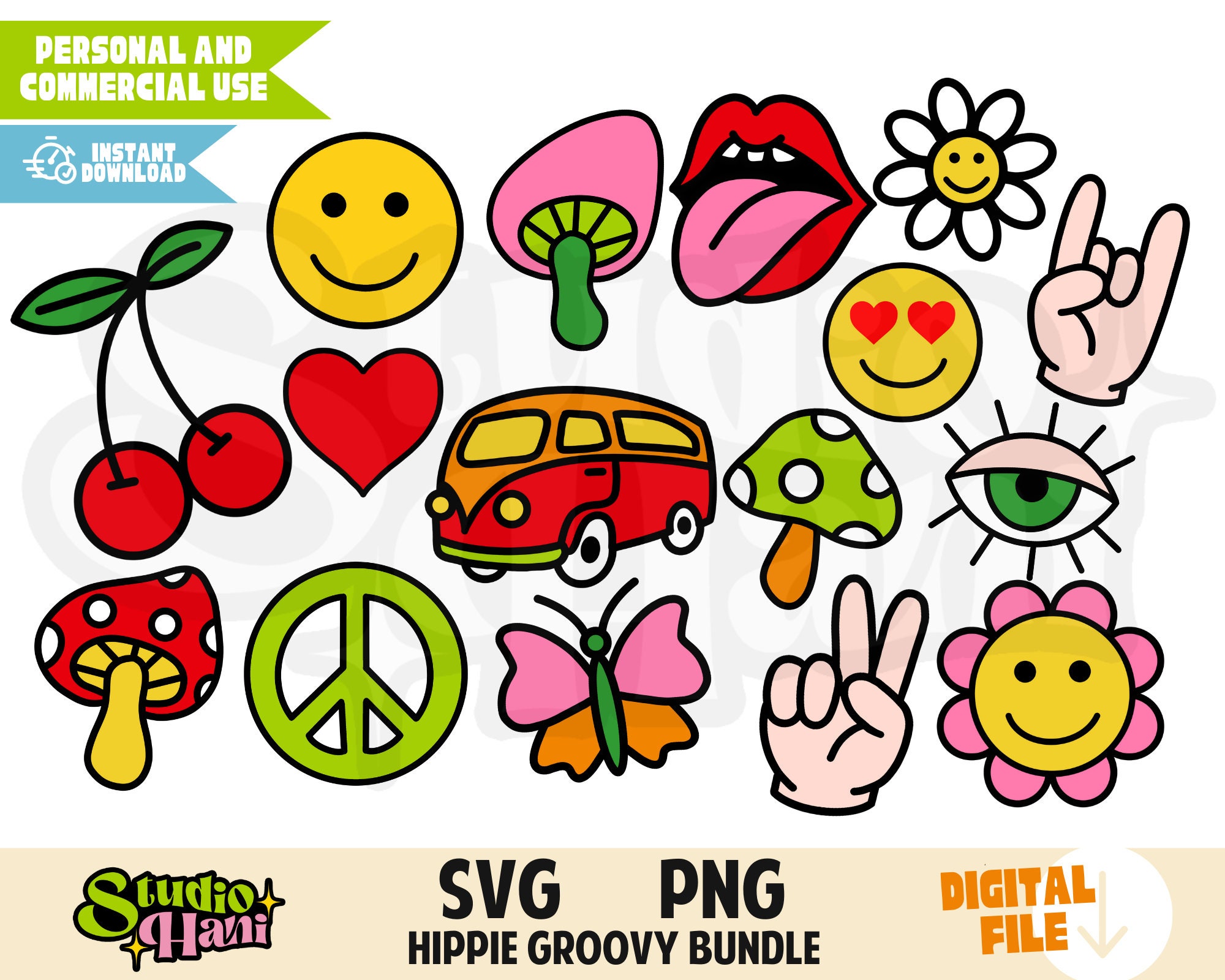 Hippie Groovy SVG PNG Bundle Cut Files Hippie Boho Retro Cricut Digital ...