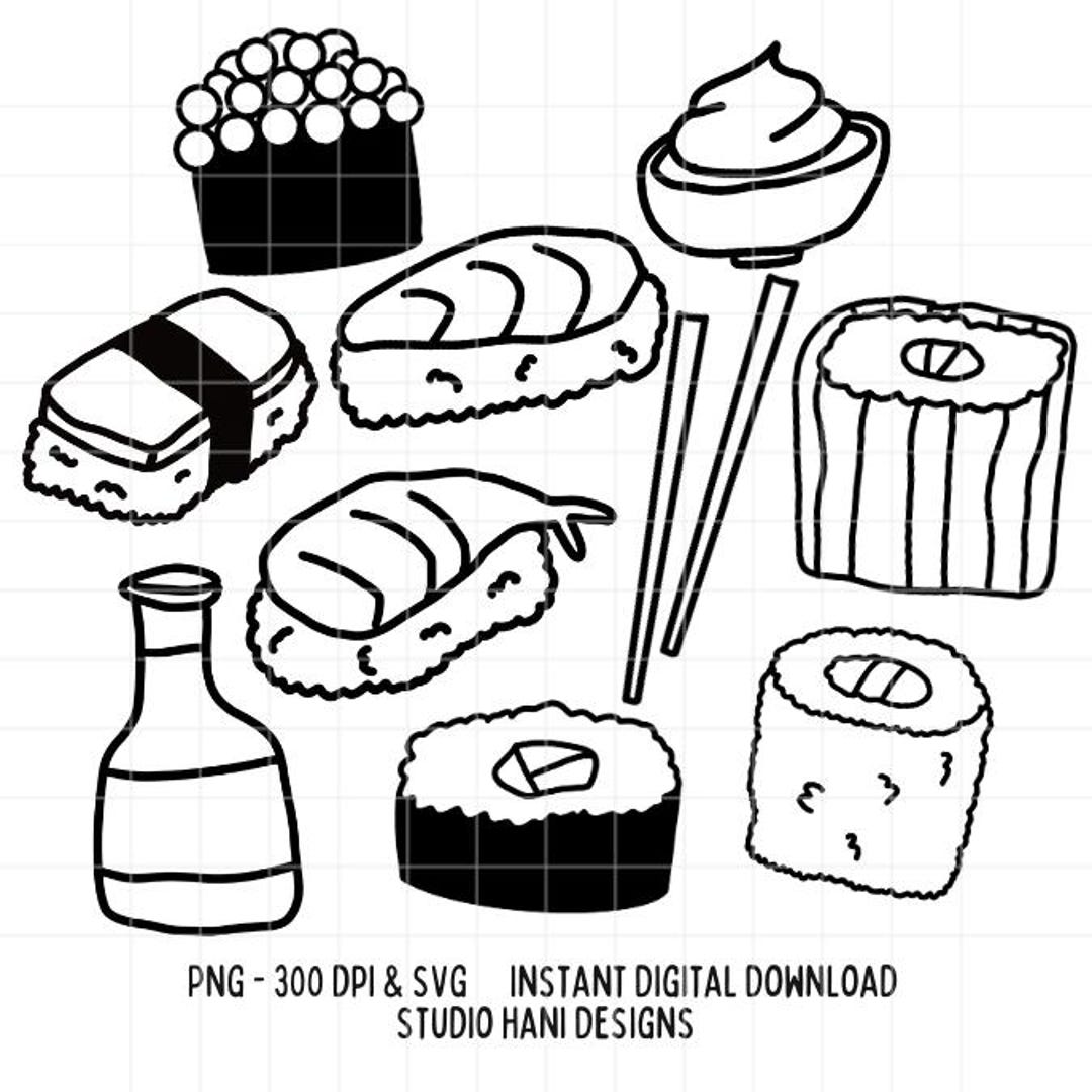 Sushi SVG PNG Bundle Outline Black and White Japanese Food Wasabi Roll ...